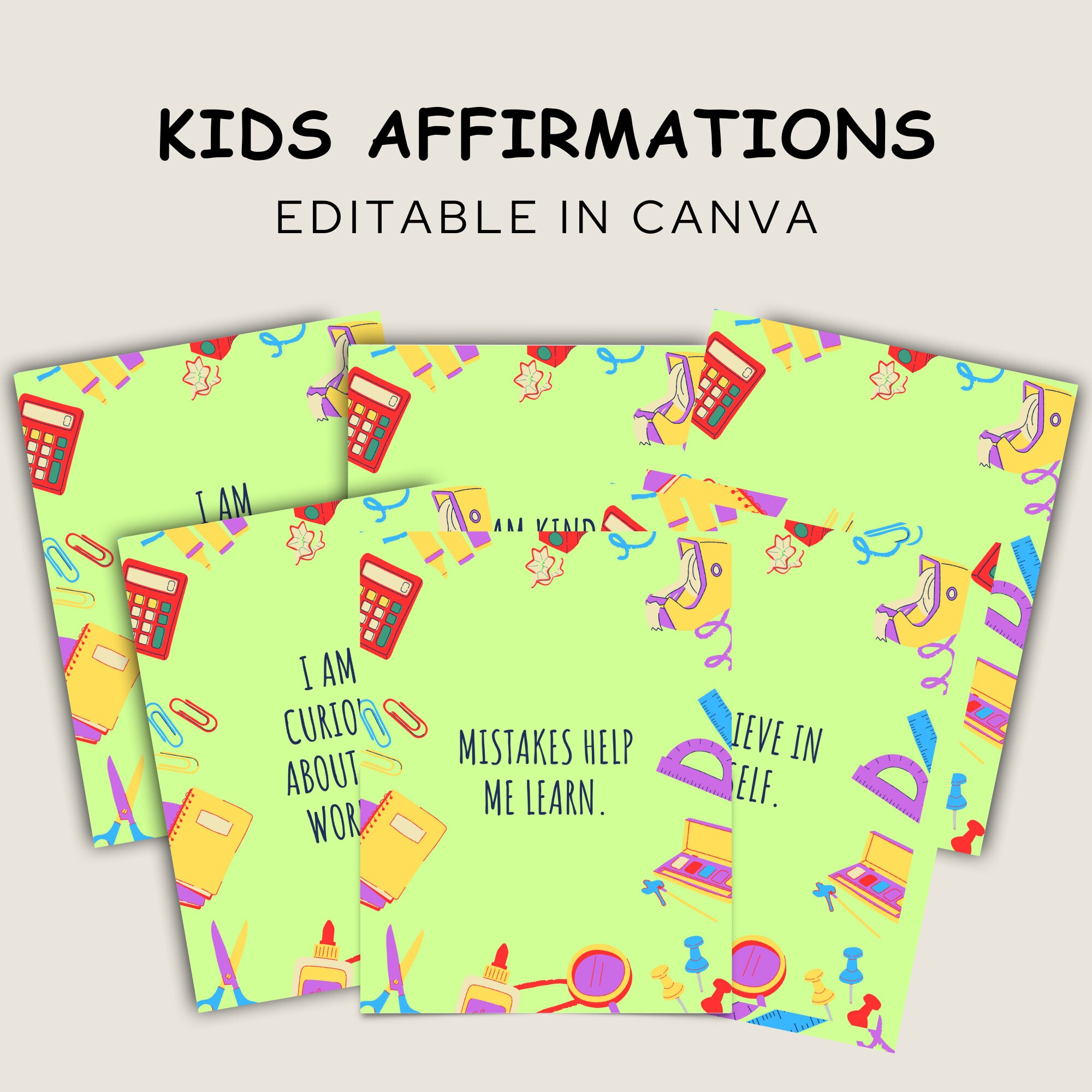 50 Kids Affirmation Cards, Back to School, Editable on Canva, Kids Back ...