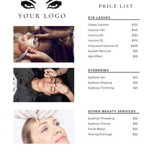 Eyelash Business Pricing Menu Template - Editable, Printable, and ...