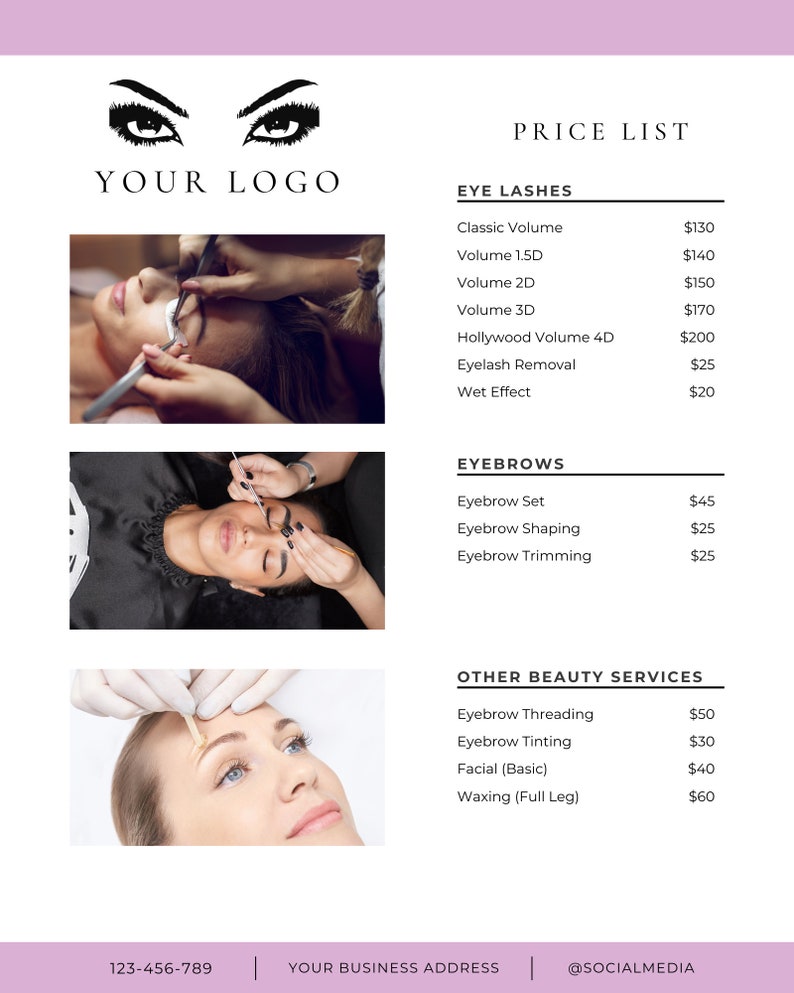 Eyelash Business Pricing Menu Template - Editable, Printable, and ...