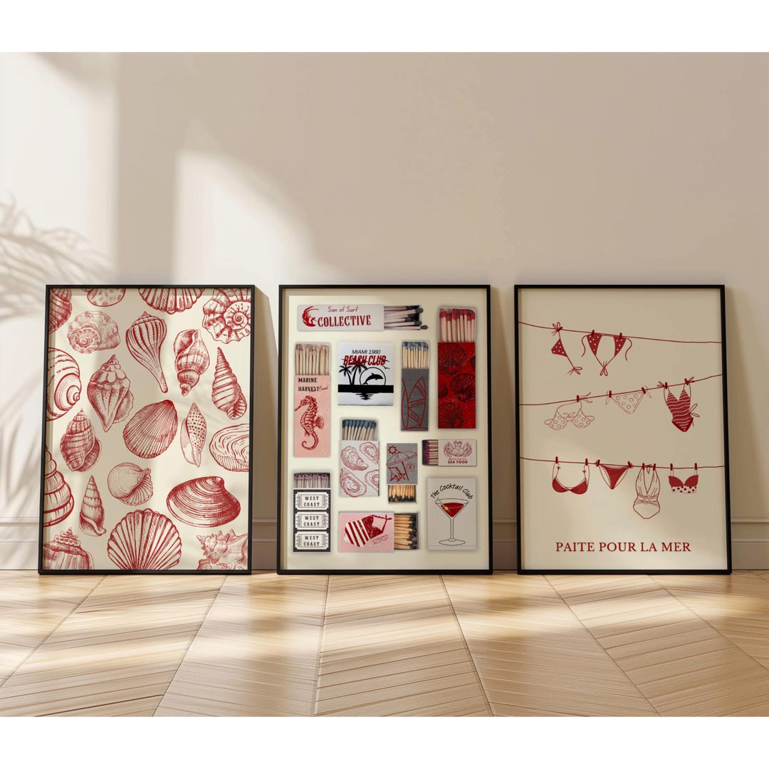 Sea Shells Pastel Red Print Vintage Red Matchbox Print Trendy Bikini ...