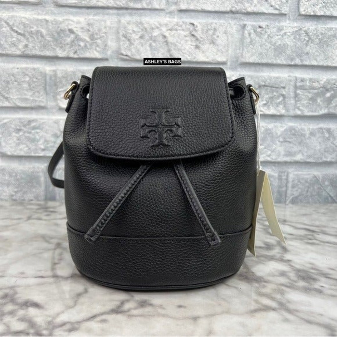 Tory Burch Mini Thea Pebbled Leather Bucket Backpack in Black - Etsy