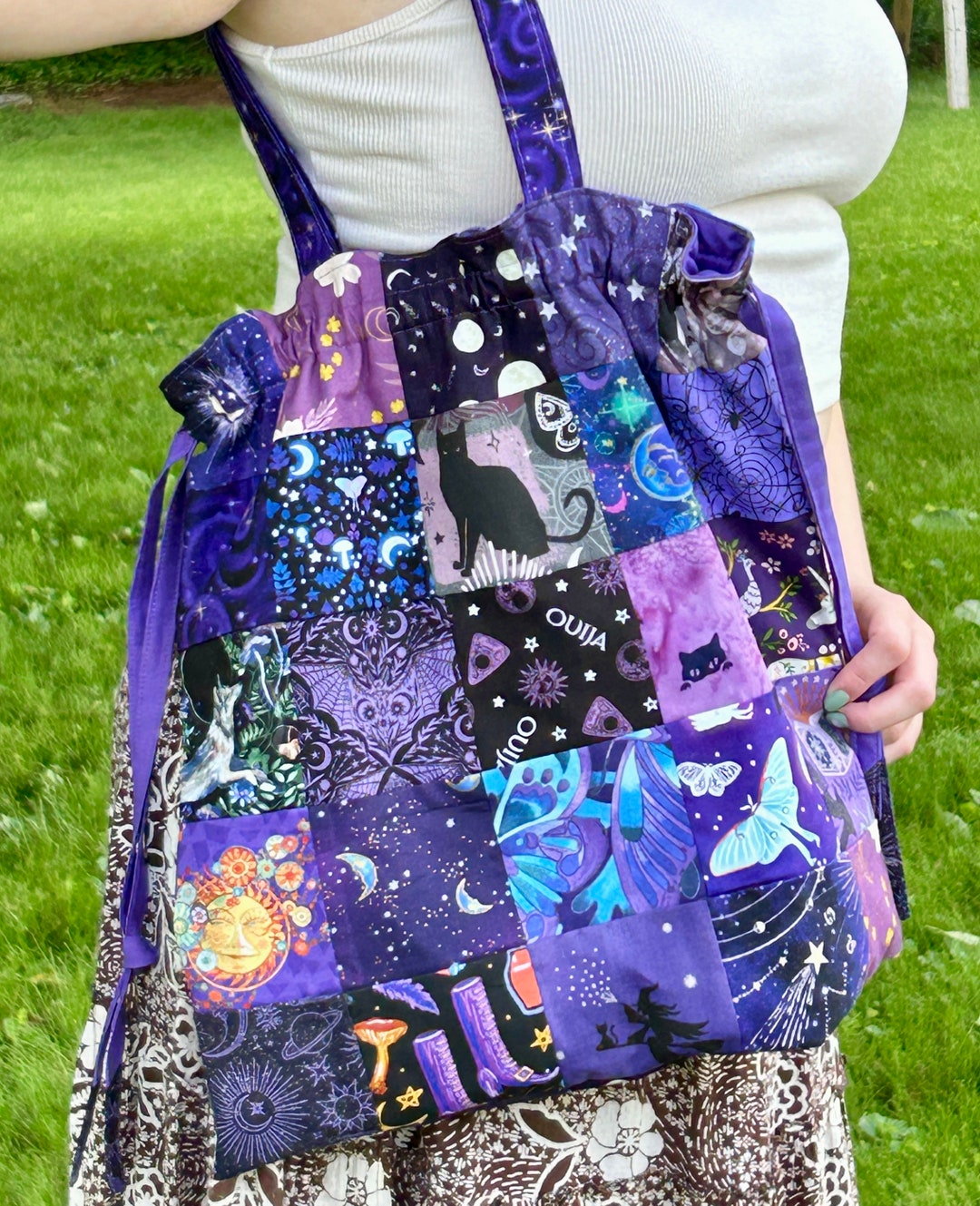Witching Hour Patchwork Tote Bag: Purple Witch Purse, Drawstring ...
