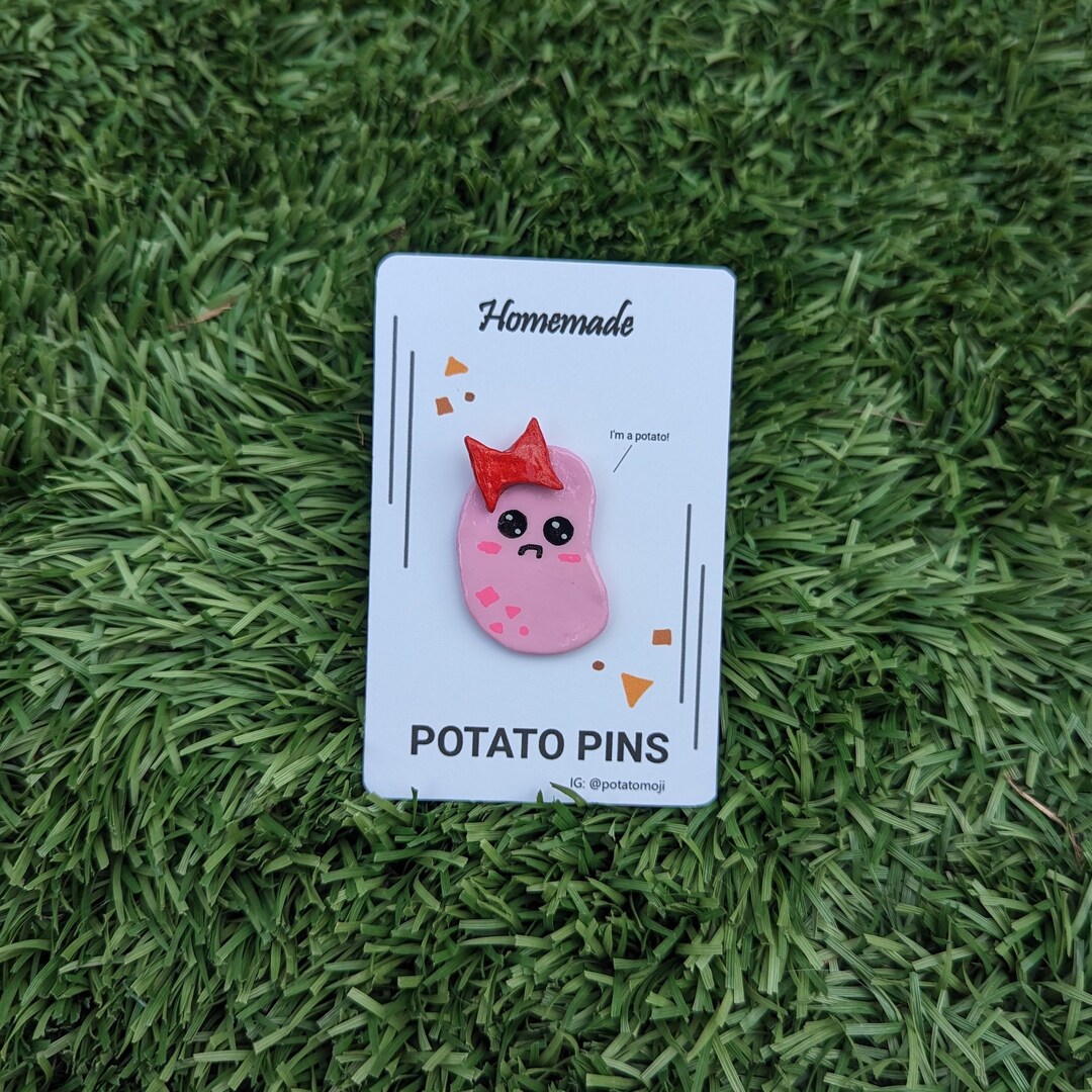 Sad Potato Girl Pin Cute, Kawaii Pink Potato With Frown & Bow Handmade ...