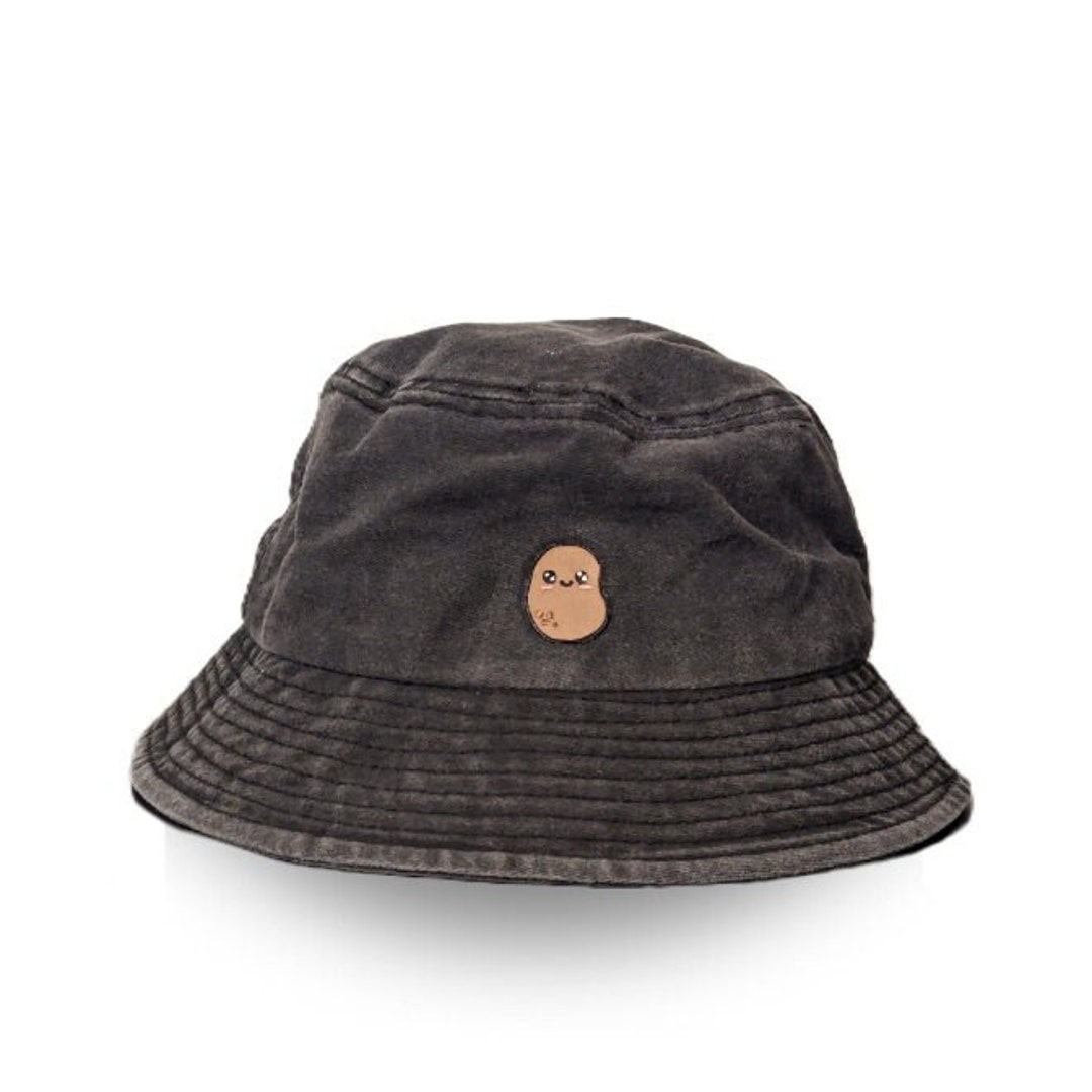Potato Bucket Hat - Black Grey Denim Bucket Hat With Happy, Cute Brown ...