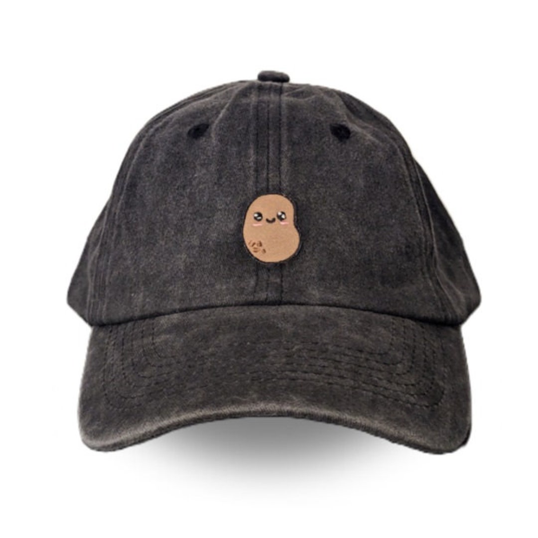 Potato Dad Hat - Black Denim Baseball Cap With Happy, Cute Brown Potato ...