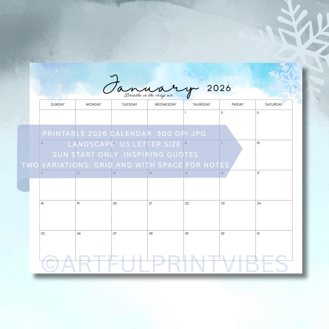 Watercolor 2026 Calendar Printable: Landscape Layout (digital Download ...