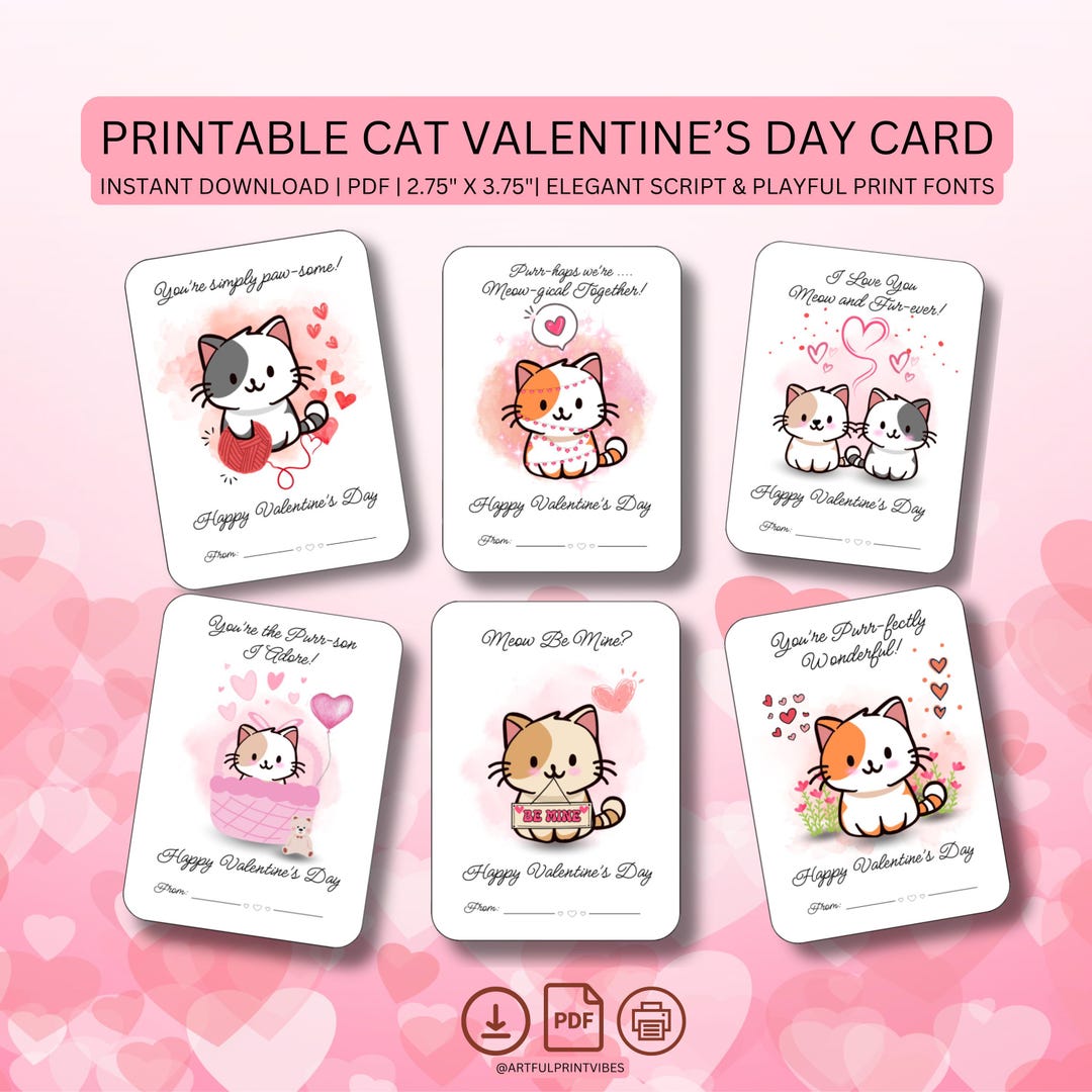 Cat Pun Valentines Day Cards: Classroom Valentines (PDF) - Etsy