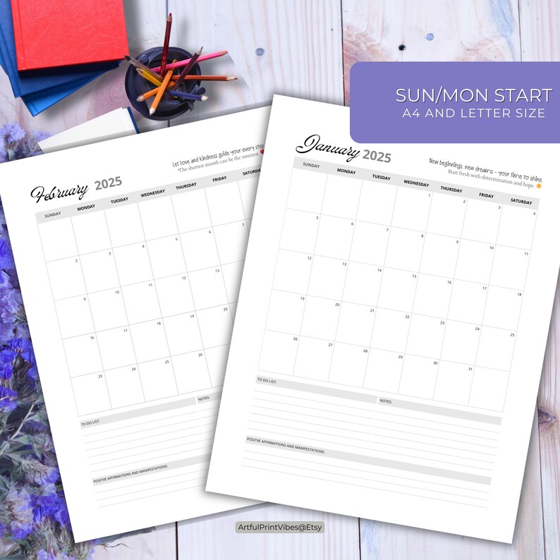 2025 Calendar Printable Portrait A4 Letter Size Dated Sun Start Mon ...