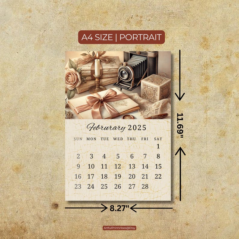 Printable 2025 Calendar Vintage Antique Aesthetic A4 Portrait Sun Start ...