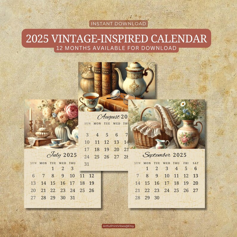 Printable 2025 Calendar Vintage Antique Aesthetic A4 Portrait Sun Start ...