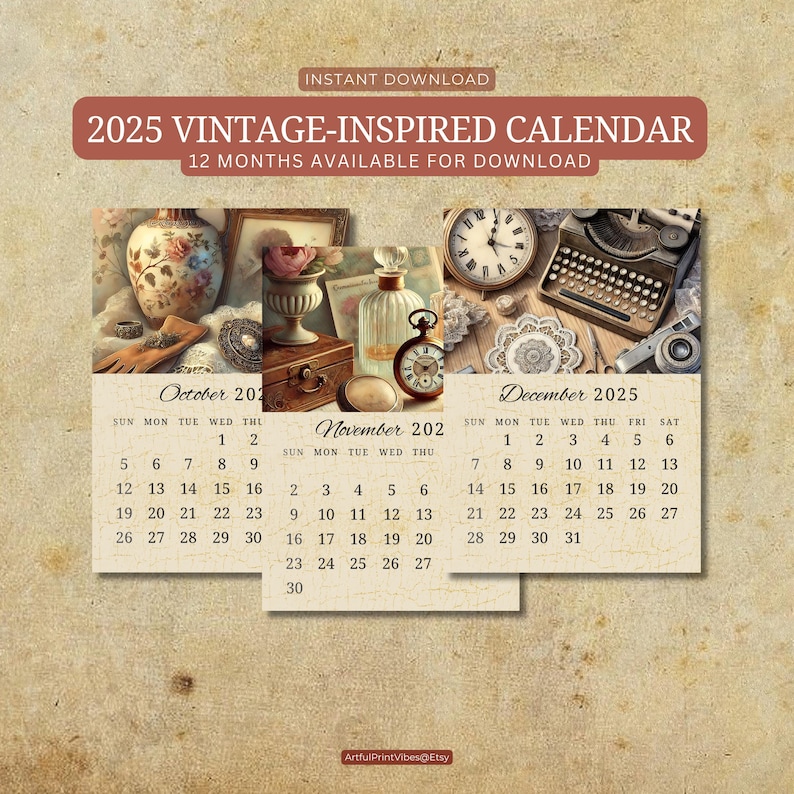 Printable 2025 Calendar Vintage Antique Aesthetic A4 Portrait Sun Start ...