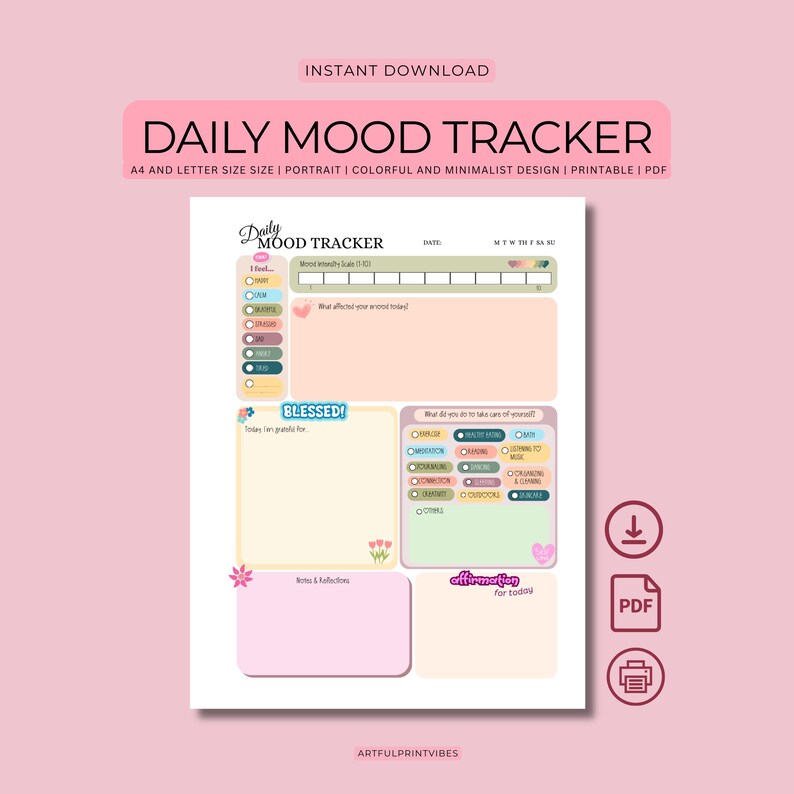 Daily Mood Tracker Printable Letter and A4 Sizes Minimalist & Colorful ...