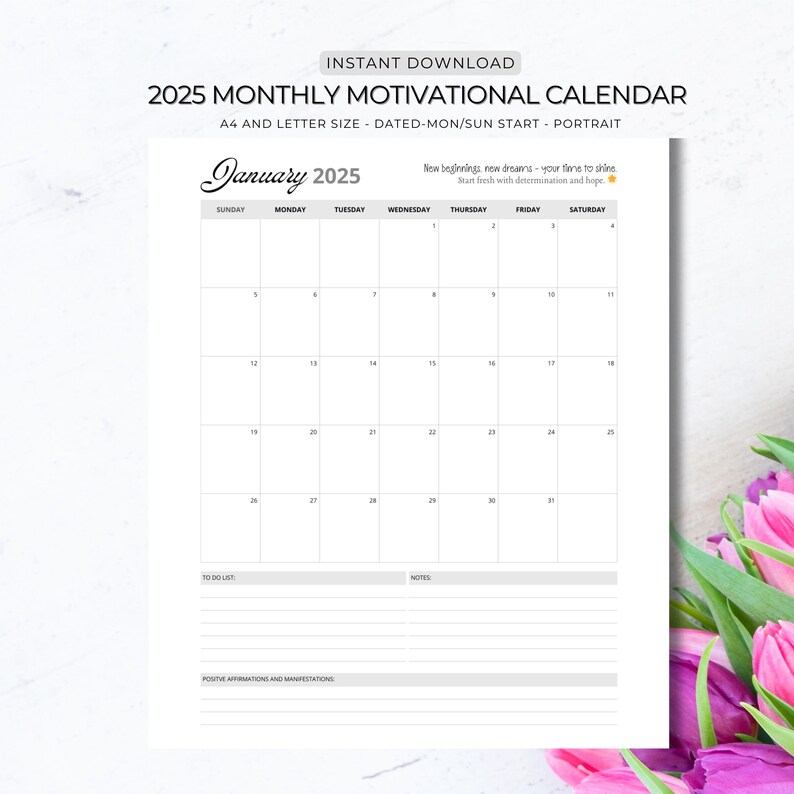 2025 Calendar Printable Portrait A4 Letter Size Dated Sun Start Mon ...