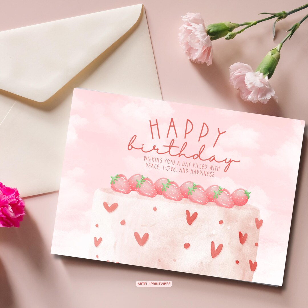 Printable Birthday Card Strawberry Cake DIY Foldable Card | Aesthetic ...