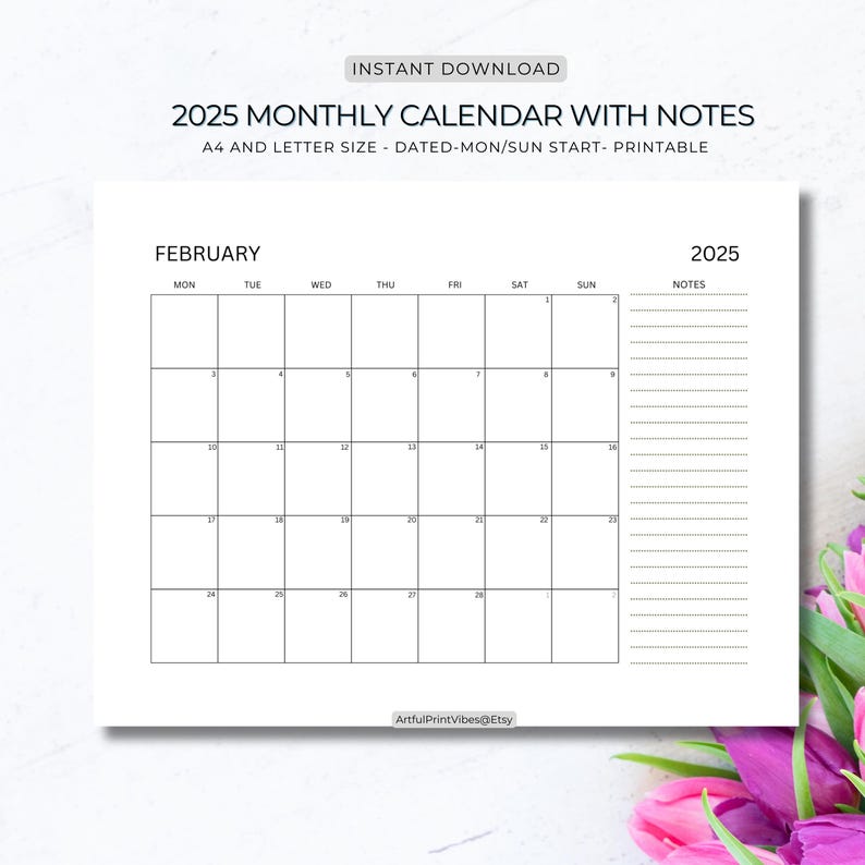2025 Calendar Printable Landscape A4 Letter Size Dated Calendar Sunday ...