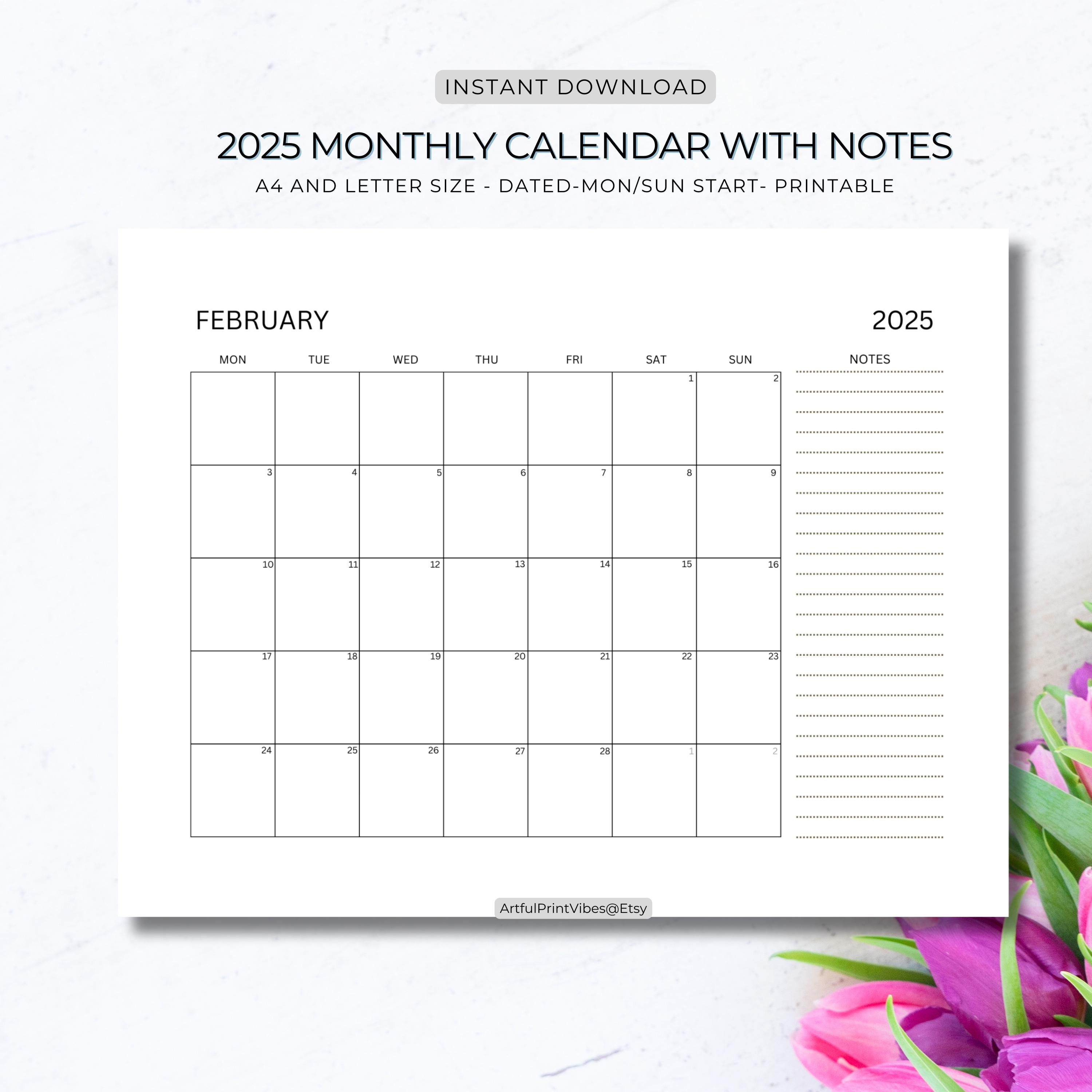 2025 Calendar Printable Landscape A4 Letter Size Dated Calendar Sunday ...