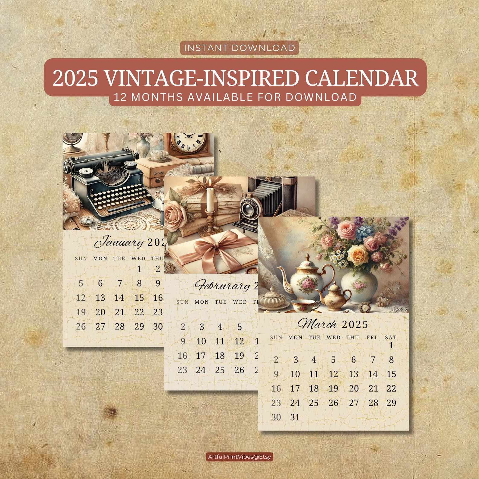 Printable 2025 Calendar Vintage Antique Aesthetic A4 Portrait Sun Start ...