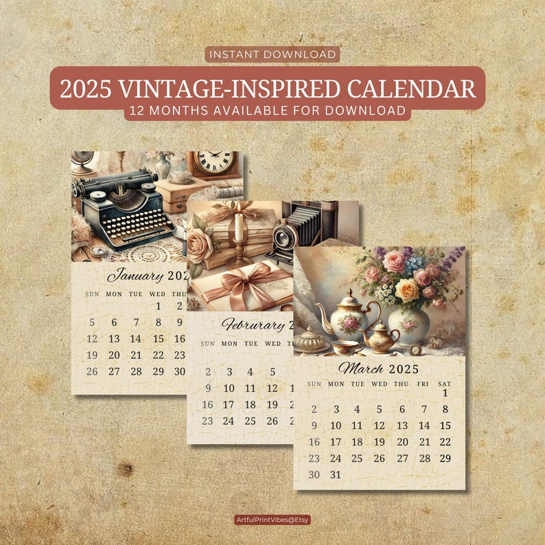Printable 2025 Calendar Vintage Antique Aesthetic A4 Portrait Sun Start ...