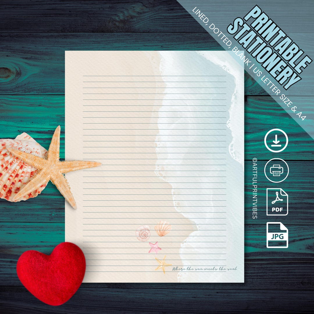 Beach Stationery: Watercolor Ocean Writing Paper (A4 & Letter PDF/JPG ...