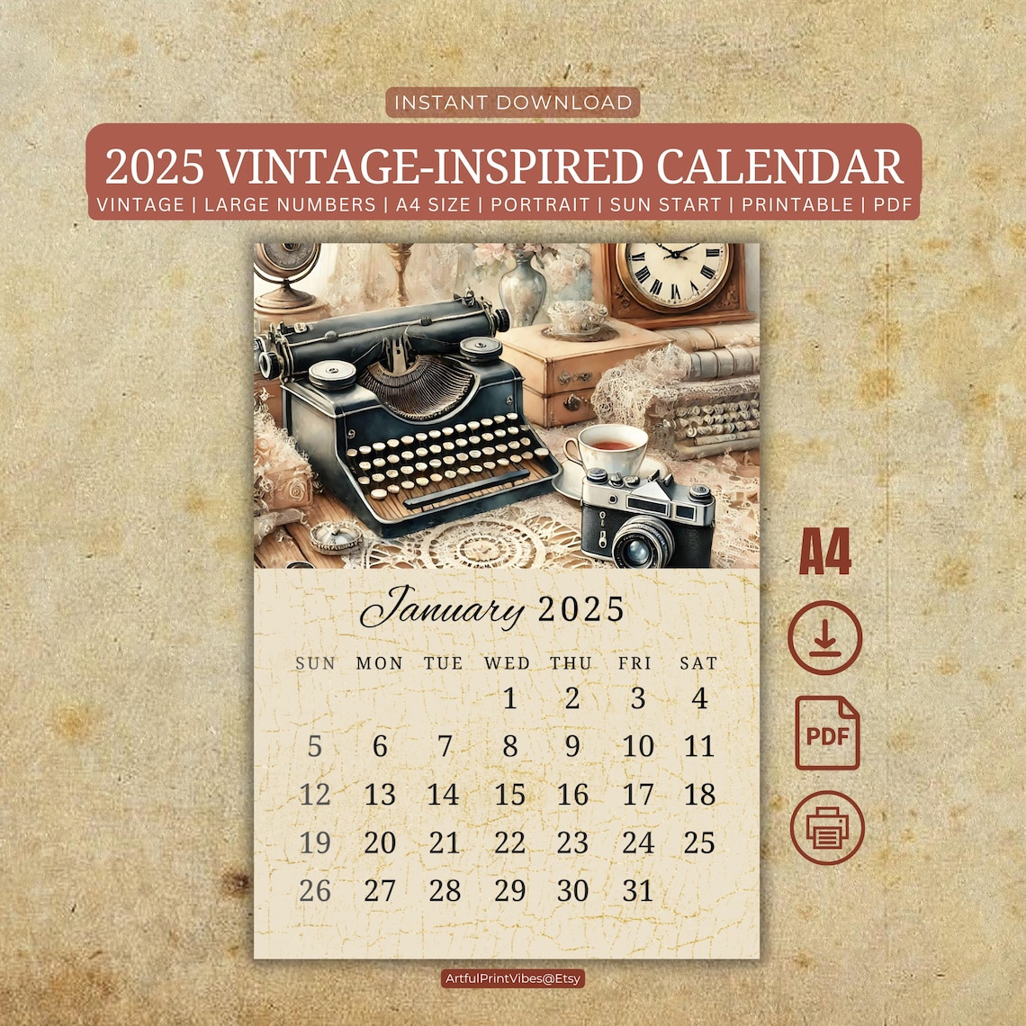 Printable 2025 Calendar Vintage Antique Aesthetic A4 Portrait Sun Start ...