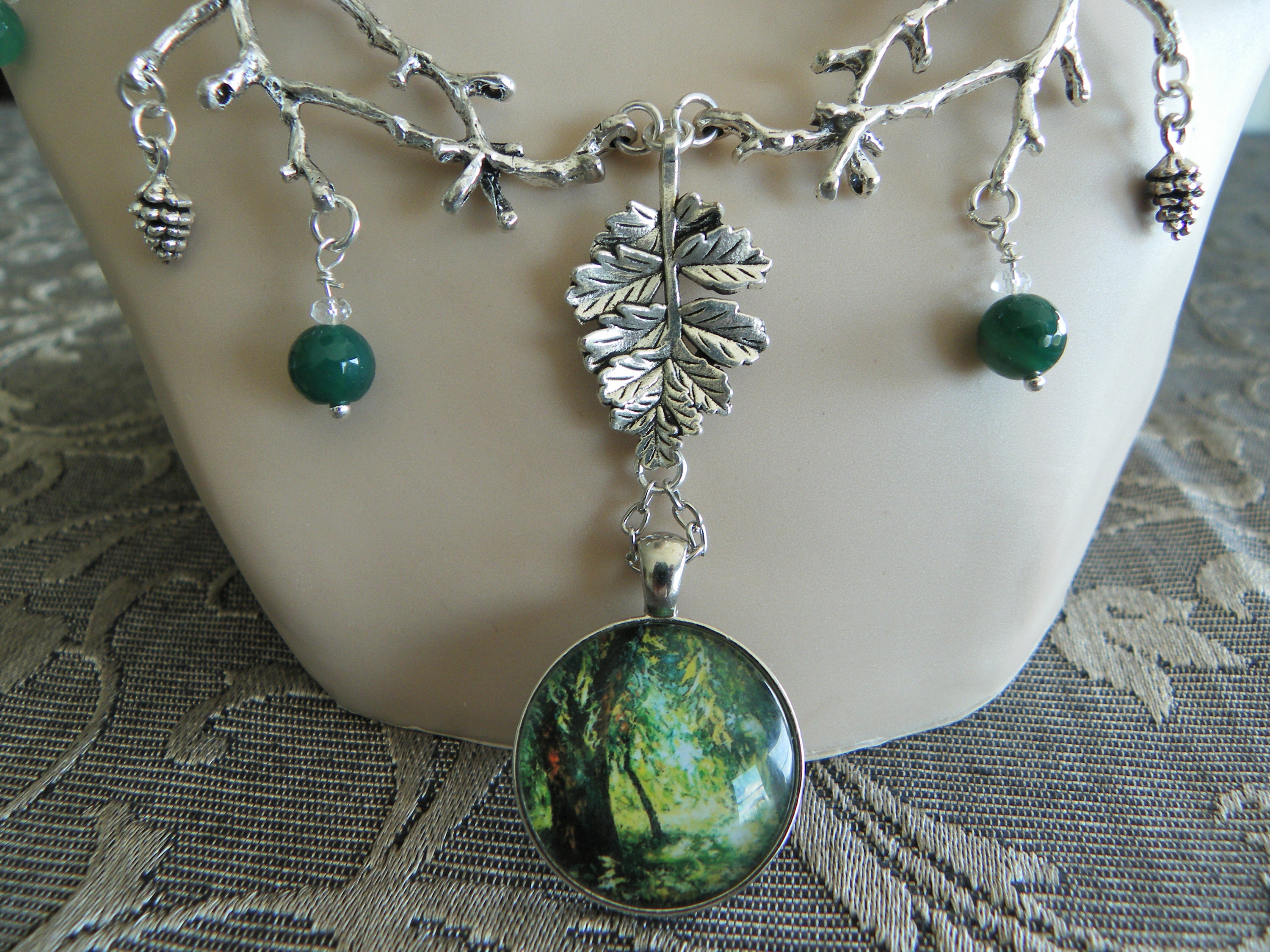 Silver Twig Necklace With Forest Theme, With Leaves, Pinecones, Green ...