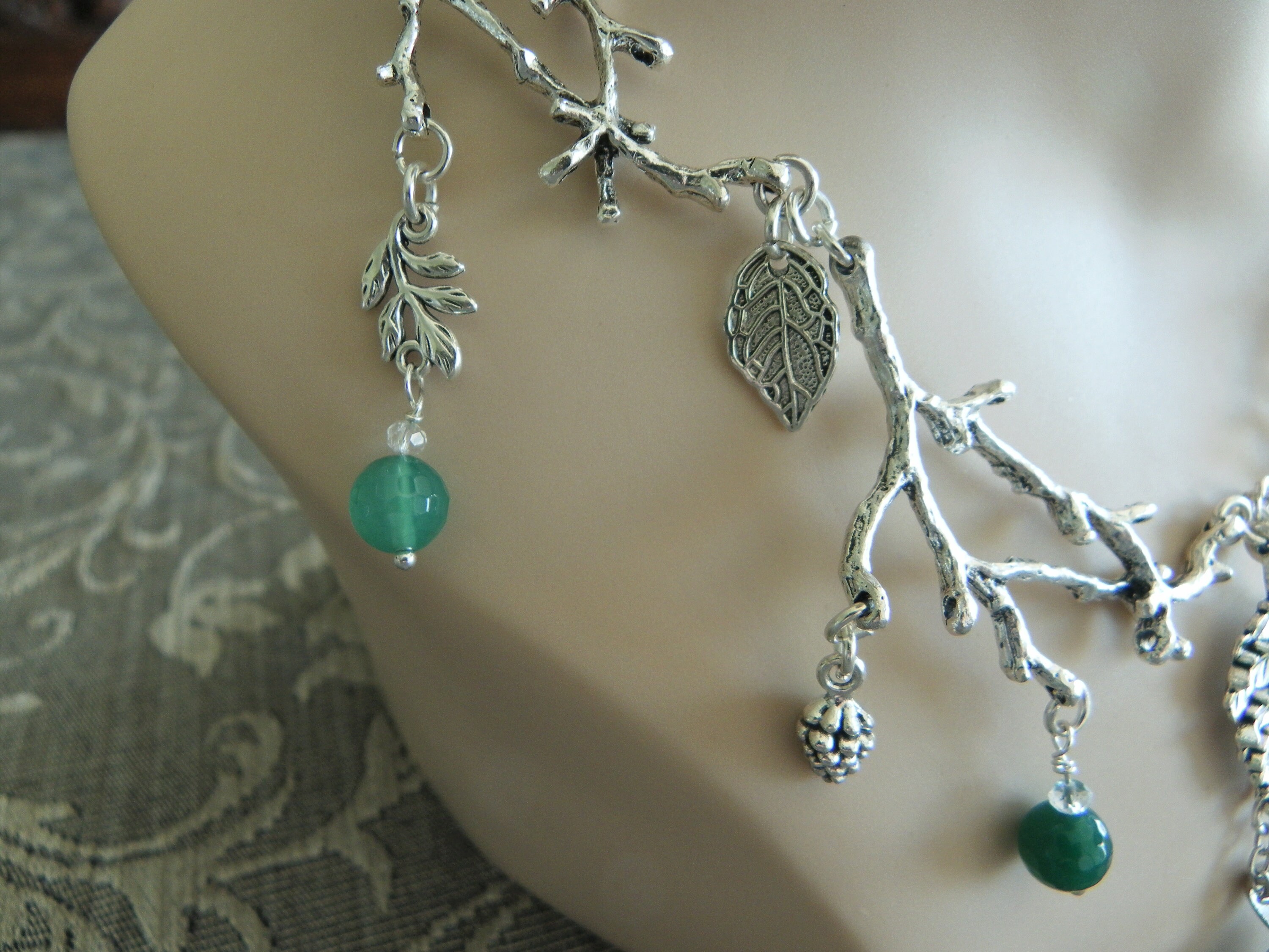 Silver Twig Necklace With Forest Theme, With Leaves, Pinecones, Green ...