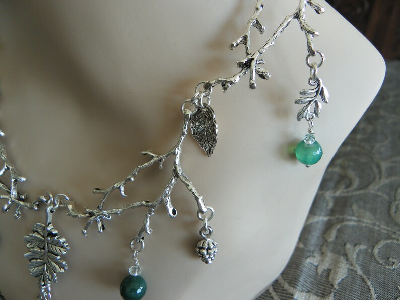 Silver Twig Necklace With Forest Theme, With Leaves, Pinecones, Green ...