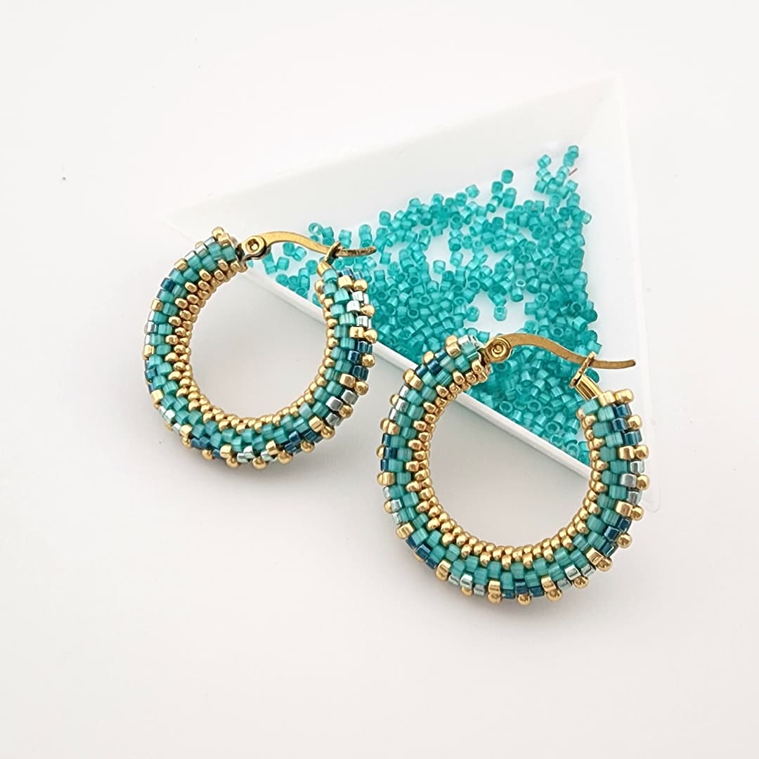 Turquoise Blue and Gold Beaded Hoop Earrings, Mix Color Blue Green Teal ...