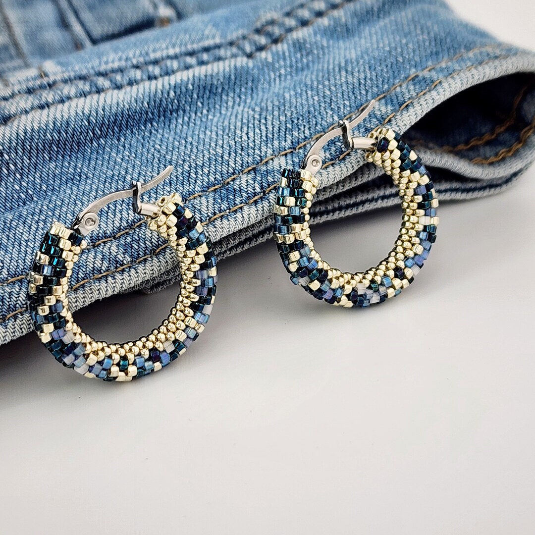Denim Beaded Hoop Earrings , Multi Color Hoops, Rainbow Seed-bead ...