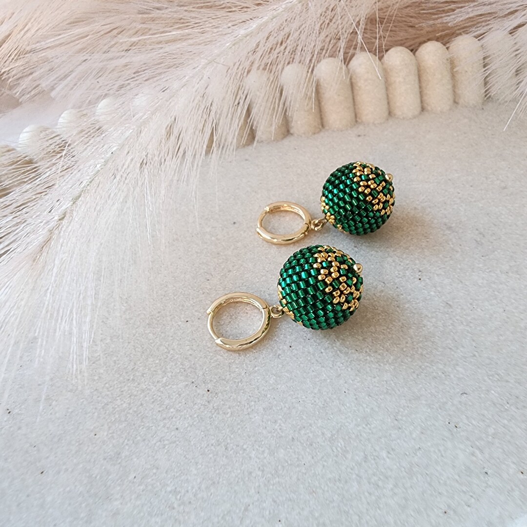 Emerald and Gold Ball Drop Earrings Beaded Ball Earrings Dangle Ball ...
