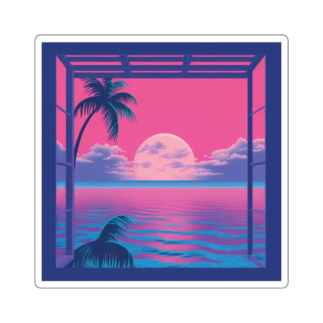 Vaporwave Ocean Window Square Sticker 3", Retrowave Synthwave ...