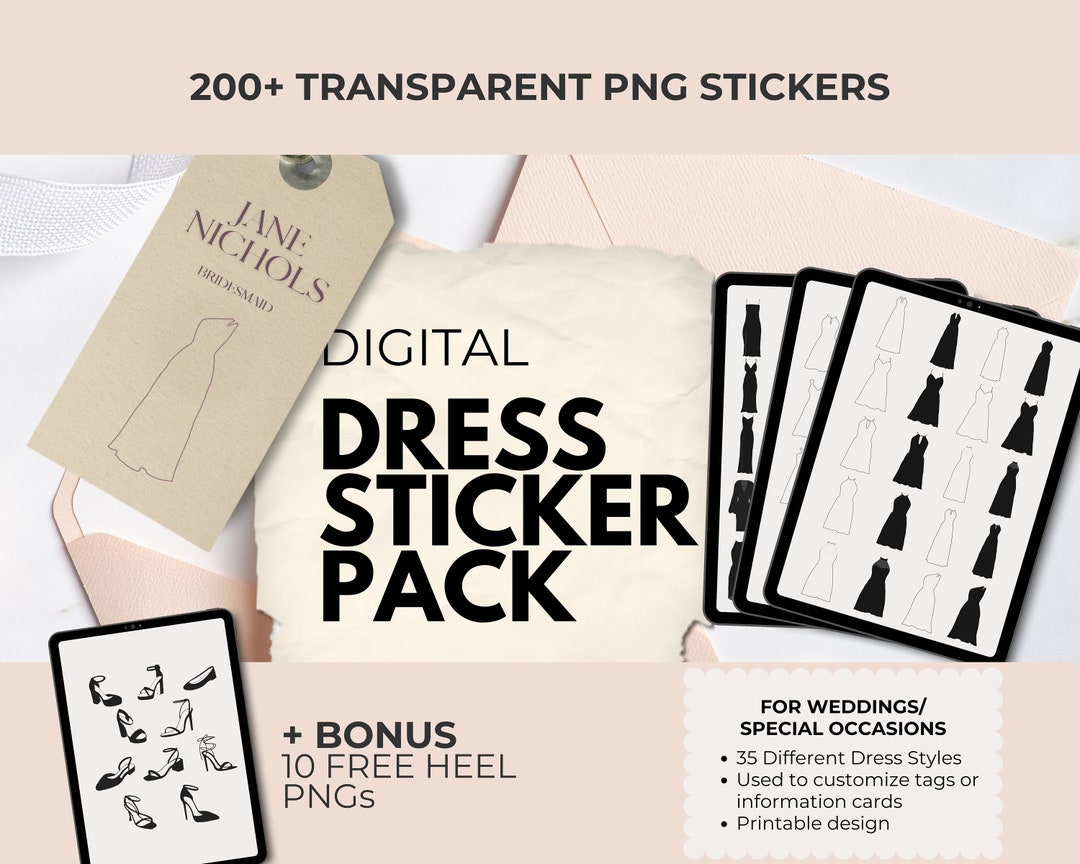 Digital DRESS Sticker Pack, Transparent PNG Files, Wedding Invitation ...
