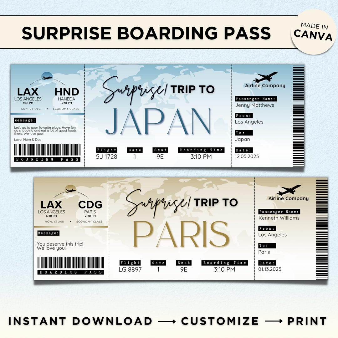 Surprise Trip Boarding Pass Ticket Template, Printable Flight Ticket ...