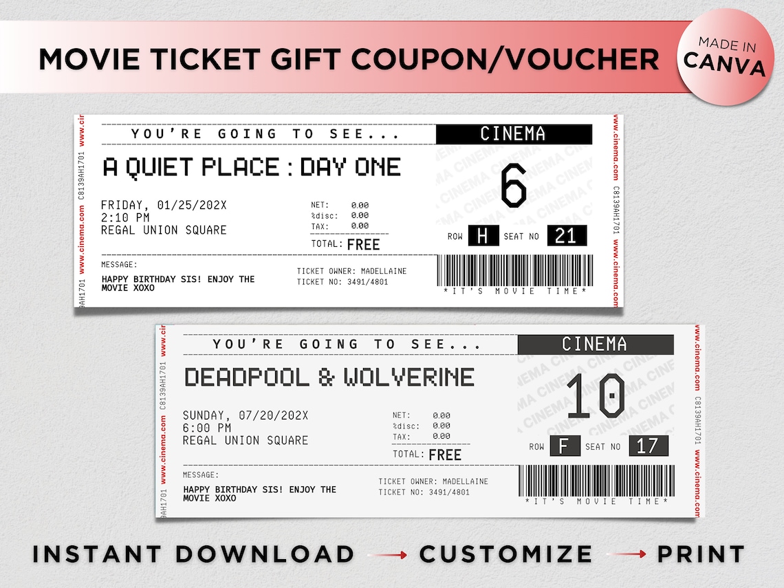 Movie Ticket Invitation Surprise Gift, Movie Ticket Coupon Receipt ...