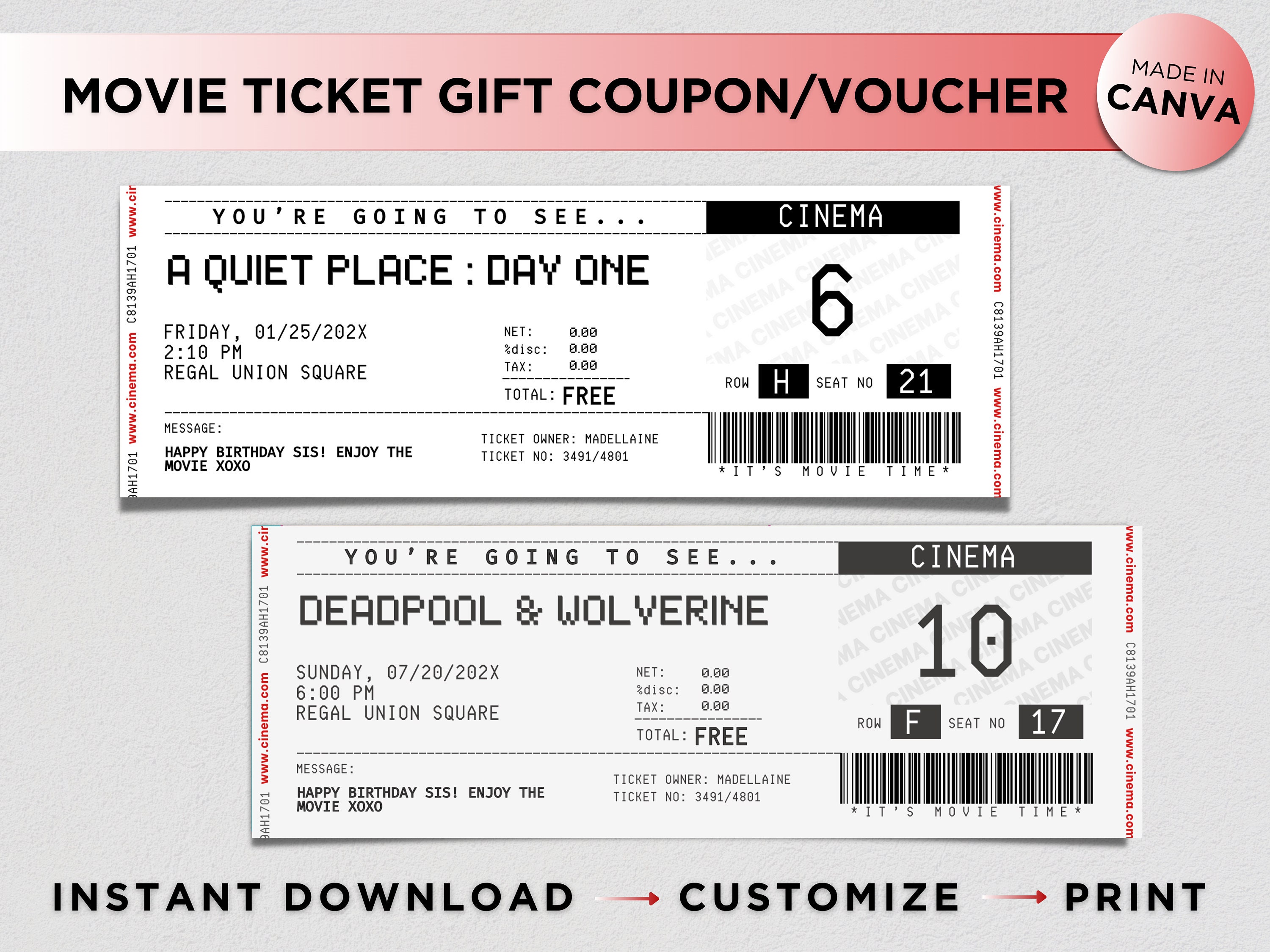 Movie Ticket Invitation Surprise Gift, Movie Ticket Coupon Receipt ...