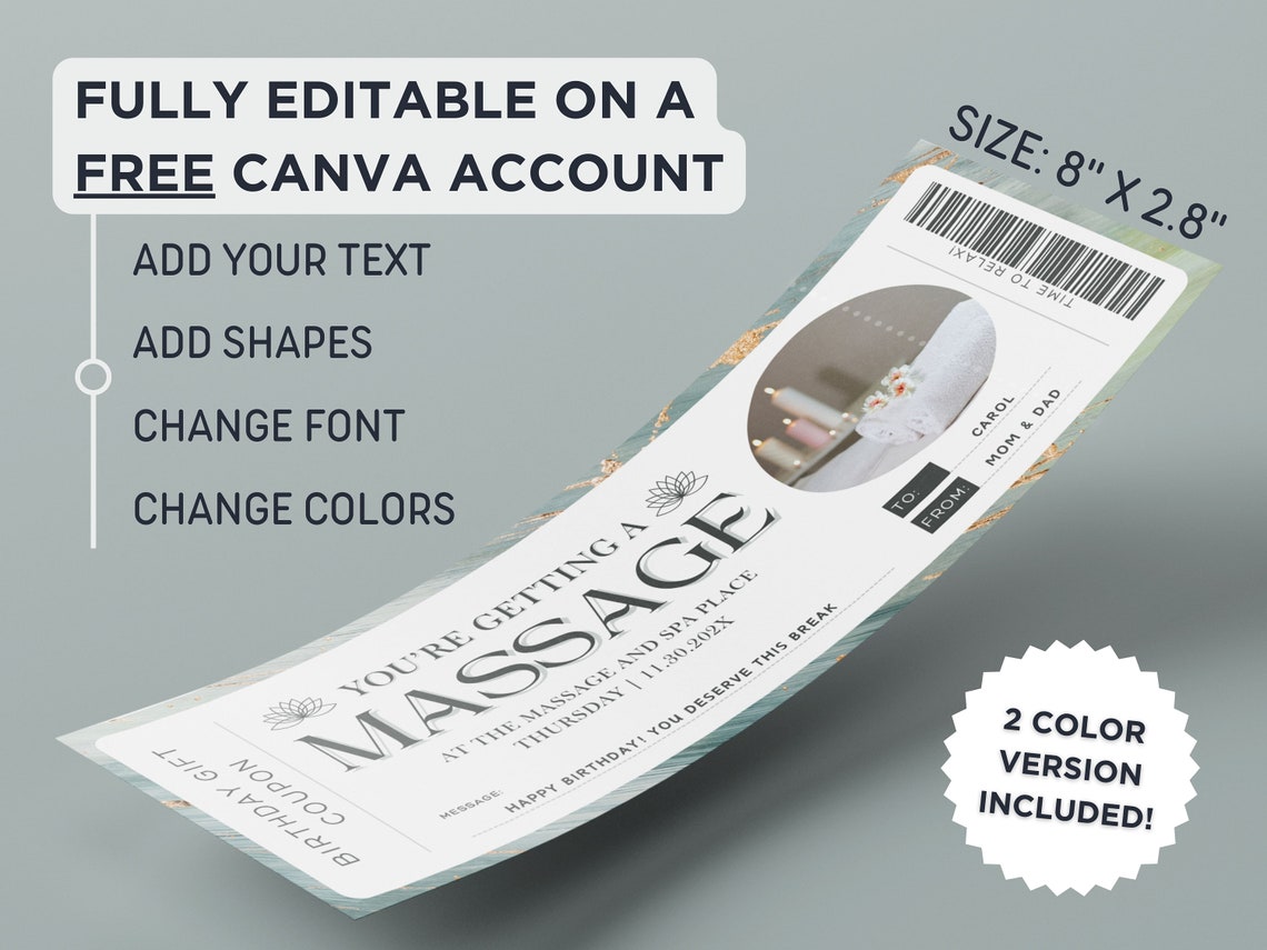Massage Gift Voucher: Editable Spa Day Ticket (canva Template) - Etsy
