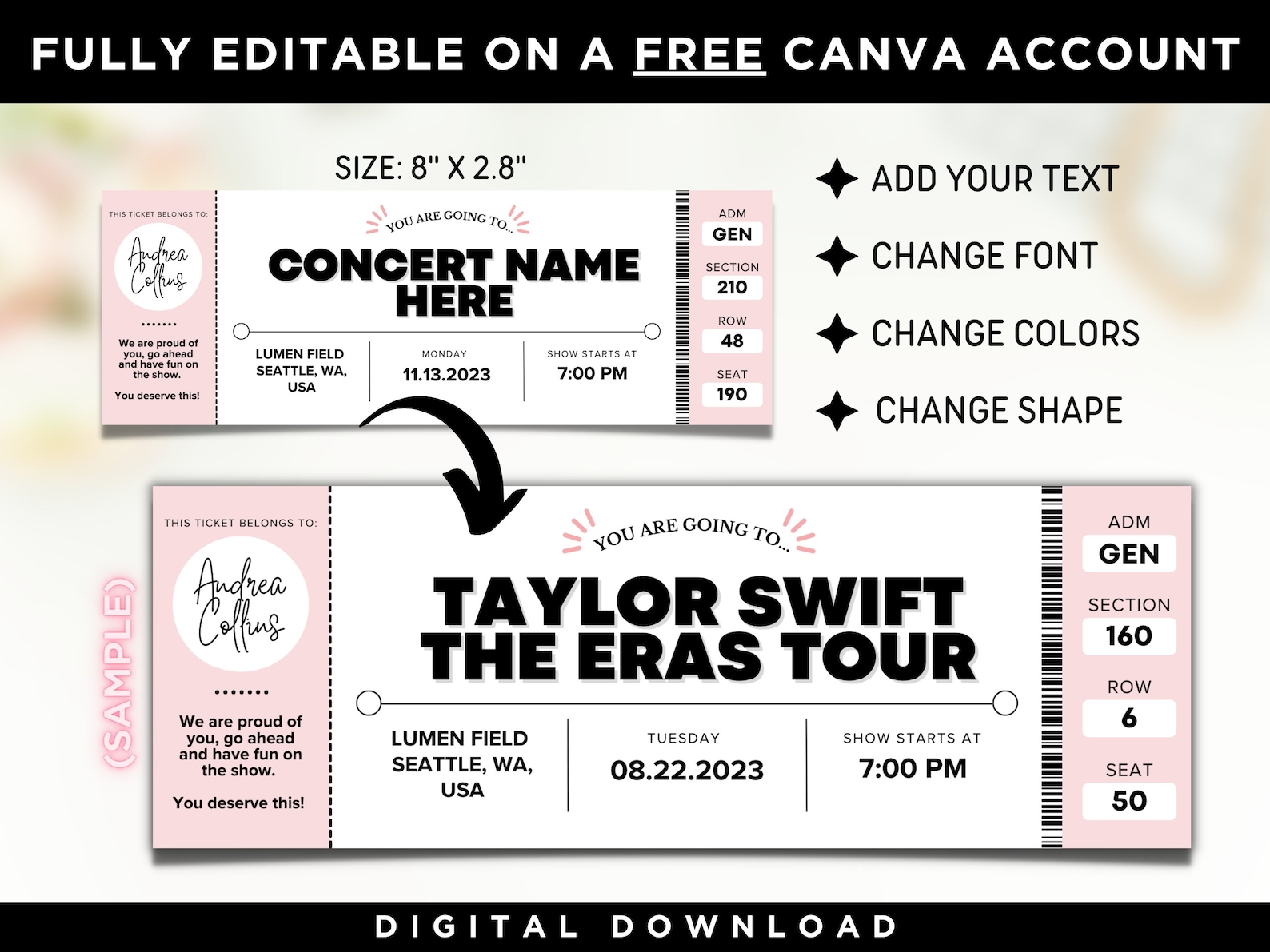 Concert Ticket Canva Template Printable Event Ticket Invitation Custom ...