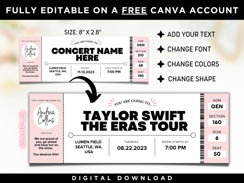 Concert Ticket Canva Template Printable Event Ticket Invitation Custom ...