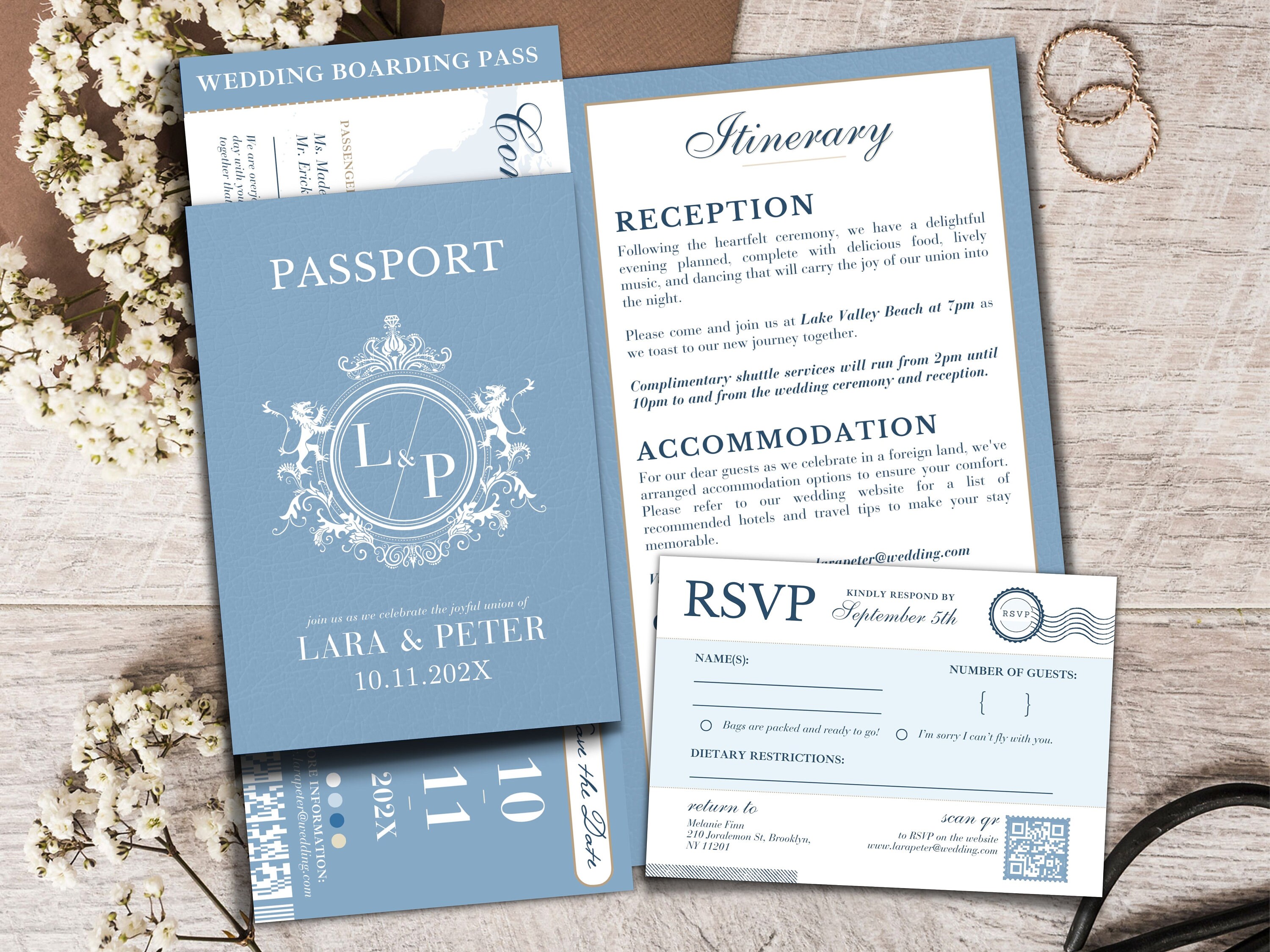 Dusty Blue Wedding Passport Invitation Printable Destination Wedding ...