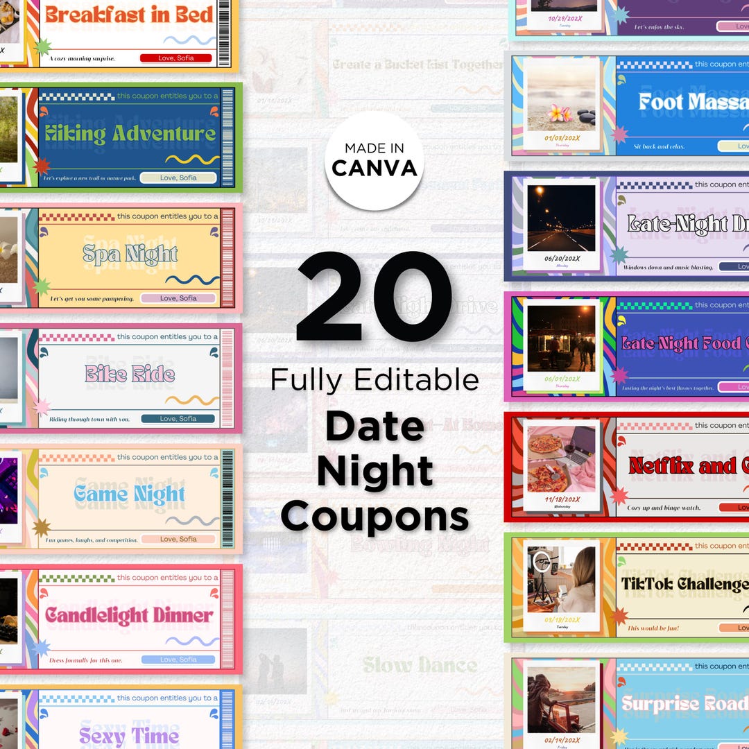 20 Customizable Groovy Retro Date Night Coupons, Printable Love Coupons ...
