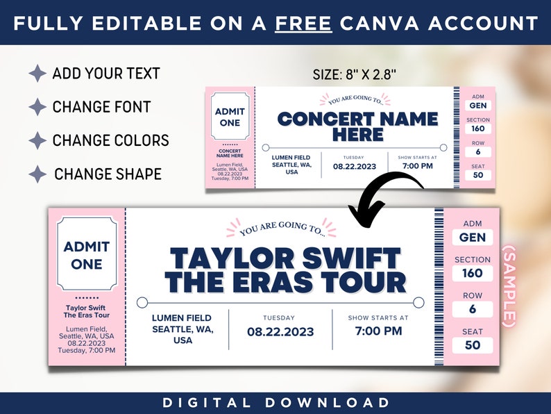 Concert Ticket Canva Template Printable Event Ticket Invitation Custom ...