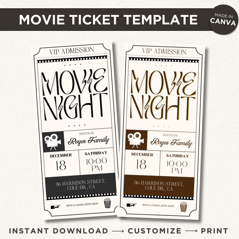Family Movie Night Ticket Invitation Template, Vintage Movie ...