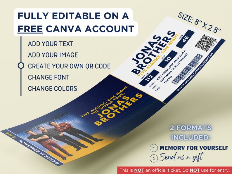 Jonas Brothers Ticket the Five Albums One Night Tour, Editable Canva ...