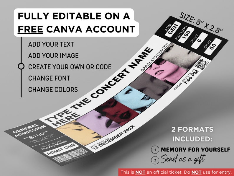 Editable Concert Ticket Template Keepsake Surprise Gift Idea, Canva ...