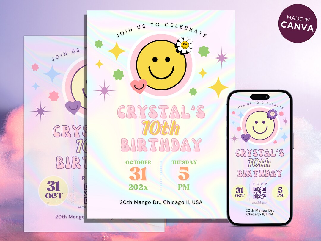 Smiley Birthday Invitation for Girl Kids Pastel Printable Canva ...