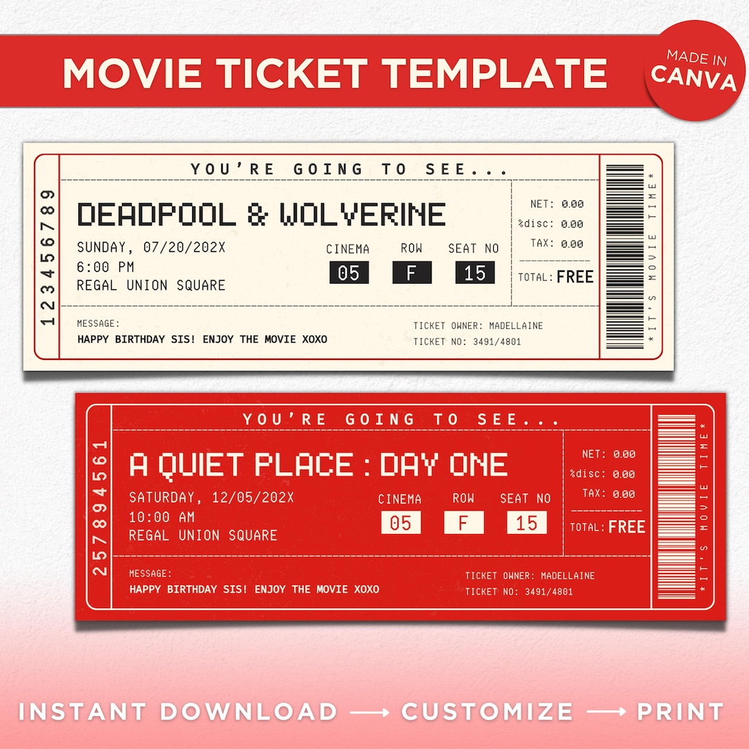 Surprise Gift Movie Ticket Printable, Date Night Idea Movie Canva ...