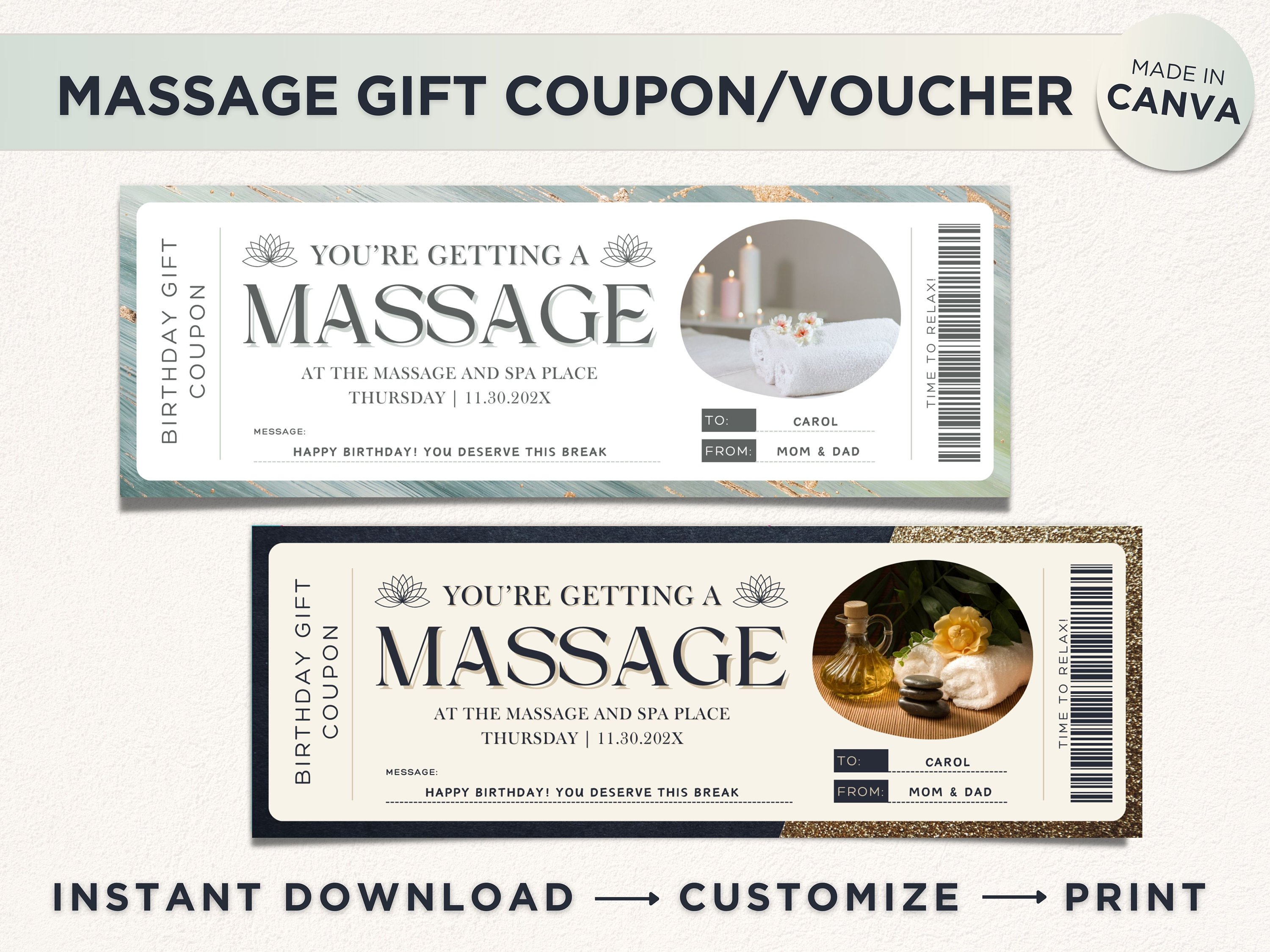 Massage Gift Voucher: Editable Spa Day Ticket (canva Template) - Etsy