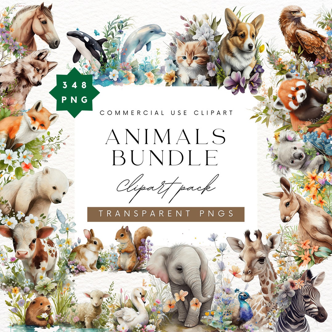 348 Watercolor Animals Mega Clipart Bundle Woodland, Safari, Farm ...