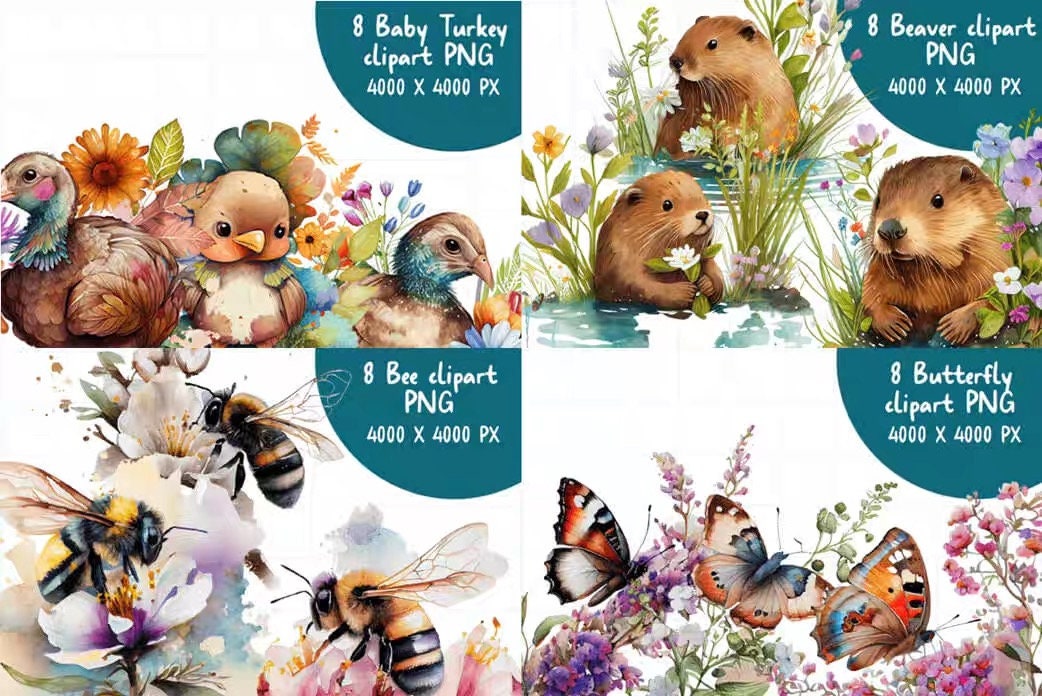 348 Watercolor Animals Mega Clipart Bundle Woodland, Safari, Farm ...