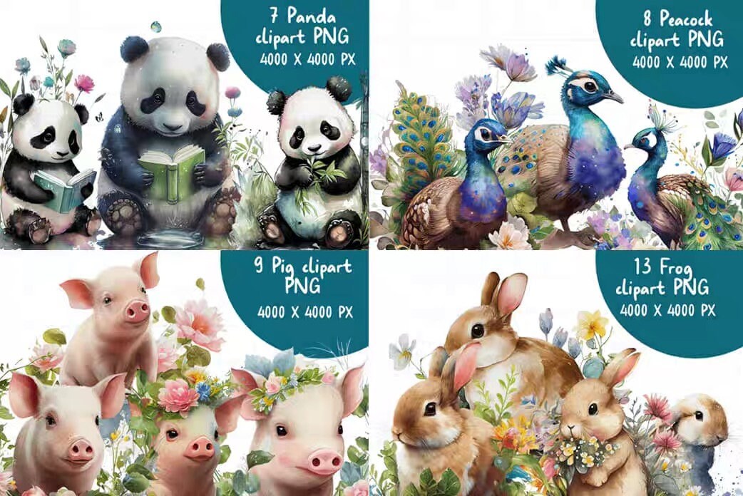 348 Watercolor Animals Mega Clipart Bundle Woodland, Safari, Farm ...